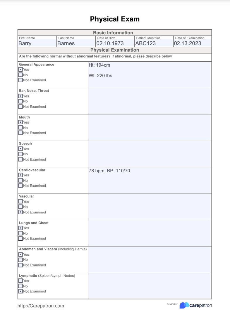 Physical Exam Template Example Free PDF Download